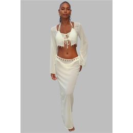 Langarmbluse MODA MINX, Damen, Gr. M, beige (beige, lila), 100% Polyester, unifarben, kurz, Rundhals, Blusen, mit tollen Anh&auml;ngern