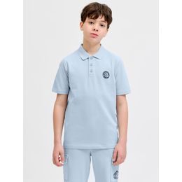 Jack & Jones Poloshirt JACK & JONES JUNIOR "JJALLIANCE POLO SS JNR", Jungen, Gr. 128, blau (celestial blau), Single Jersey, Obermaterial: 100% Baumwolle, bedruckt, unifarben, normal normal, Shirts, mit Knopfleiste