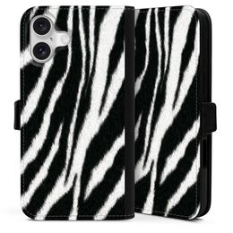 DeinDesign iPhone 16 Plus Handy Klapph&uuml;lle Handyh&uuml;lle aus Kunst Leder schwarz Flip Case Fur Muster Zebra Sideflip mit Lasche