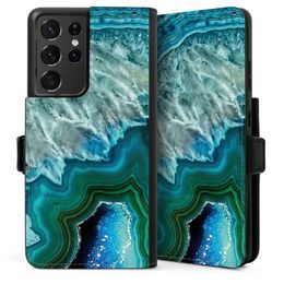 DeinDesign Galaxy S21 Ultra 5G Handy Klapph&uuml;lle Handyh&uuml;lle aus Kunst Leder schwarz Flip Case Stone Blue Marble Sideflip mit Lasche
