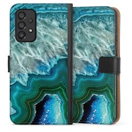 DeinDesign Galaxy A33 5G Handy Klapph&uuml;lle Handyh&uuml;lle aus Kunst Leder schwarz Flip Case Stone Marble Blue Sideflip mit langer Lasche