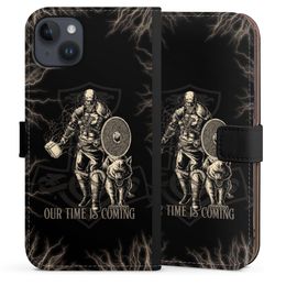 DeinDesign iPhone 14 Plus Handy Klapph&uuml;lle Handyh&uuml;lle aus Kunst Leder schwarz Flip Case Wikinger Vikings Tv Show Designs Sideflip mit langer Lasche