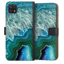 DeinDesign Galaxy A22 5G Handy Klapph&uuml;lle Handyh&uuml;lle aus Kunst Leder schwarz Flip Case Stone Marble Blue Sideflip mit langer Lasche