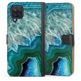 DeinDesign Galaxy A12 Handy Klapph&uuml;lle Handyh&uuml;lle aus Kunst Leder schwarz Flip Case Stone Marble Blue Sideflip mit langer Lasche