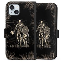DeinDesign iPhone 15 Handy Klapph&uuml;lle Handyh&uuml;lle aus Kunst Leder schwarz Flip Case Wikinger Vikings Tv Show Designs Sideflip mit Lasche