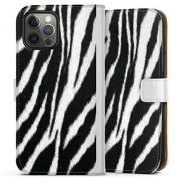 DeinDesign iPhone 12 Pro Max Handy Klapph&uuml;lle Handyh&uuml;lle aus Kunst Leder wei&szlig; Flip Case Fur Muster Zebra Sideflip mit Lasche