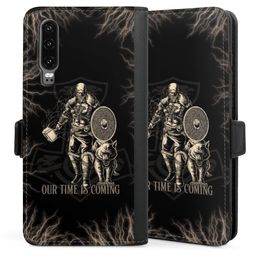 DeinDesign Huawei P30 Handy Klapph&uuml;lle Handyh&uuml;lle aus Kunst Leder schwarz Flip Case Tv Show Designs Wikinger Vikings Sideflip mit langer Lasche