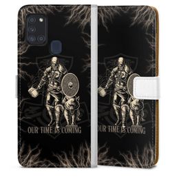 DeinDesign Galaxy A21s Handy Klapph&uuml;lle Handyh&uuml;lle aus Kunst Leder wei&szlig; Flip Case Tv Show Designs Wikinger Vikings Sideflip mit Lasche