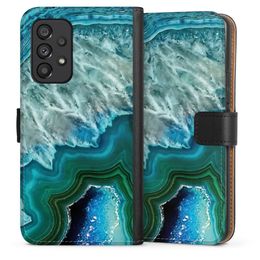 DeinDesign Galaxy A53 5G Handy Klapph&uuml;lle Handyh&uuml;lle aus Kunst Leder schwarz Flip Case Blue Stone Marble Sideflip mit langer Lasche