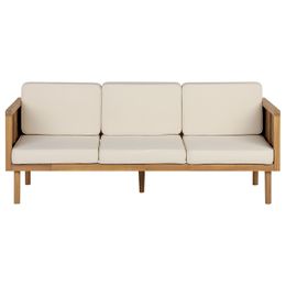 Beliani GARTENSOFA 3-Sitzer Akazienholz hellbraun Auflagen creme Baratti