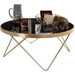 KADIMA DESIGN BEISTELLTISCH Schwarz Glasplatte Goldene Beine Retro-Stil 82cm Durchmesser