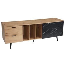 KADIMA DESIGN TV-LOWBOARD mit Eiche-Dekor, T&uuml;r und Schubladen, kompakte Aufteilung, Braun-Schwarz/Marmoroptik 150x40x55 cm
