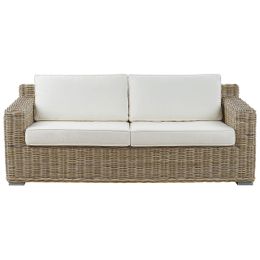 Beliani GARTENSOFA 2-Sitzer Rattan nat&uuml;rlich Auflagen cremewei&szlig; Ardea