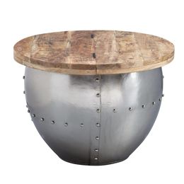 KADIMA DESIGN COUCHTISCH Rund in Braun, Massivholz und Metall, Industrial-Stil mit Stauraum
