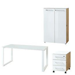 KADIMA DESIGN B&Uuml;RO-SET MUENCHEN 3-tlg | Schreibtisch, Schrank, Container | Glasfront | Chalet-Eiche-Nb./Wei&szlig;