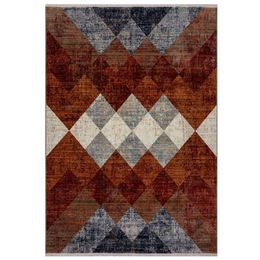 KADIMA DESIGN TEPPICH mit Fransen OGMORE, geometrisch, Rot-Blau, 80 x 154 cm
