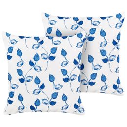 Beliani GARTENKISSEN 2er-Set Blattmotiv wei&szlig;/blau 45/45 cm Torbora