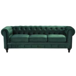 Beliani 3-SITZER-SOFA Samtstoff Gr&uuml;n Chesterfield