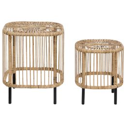 Beliani GARTEN-BEISTELLTISCH 2er Set Rattan nat&uuml;rlich quadratisch Cesenatico