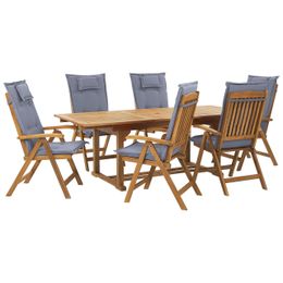 Beliani GARTENM&Ouml;BEL-SET 6-Sitzer Akazienholz Auflagen blau Java
