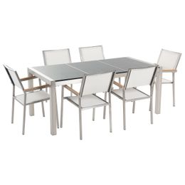 Beliani GARTENM&Ouml;BEL SET 6-Sitzer grau Granit poliert Textilbespannung wei&szlig; Grosseto