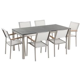 Beliani GARTENM&Ouml;BEL SET 6-Sitzer Naturstein schwarz poliert Textilbespannung wei&szlig; Grosseto
