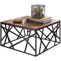 KADIMA DESIGN COUCHTISCH Industrial Stil, Sheesham Holz, Schwarzes Metallgestell, 60x60 cm