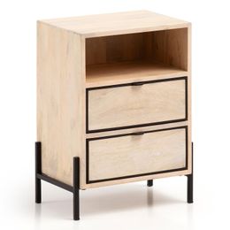 KADIMA DESIGN NACHTTISCH &ndash; Mango Massivholz/Metall, 43x60x30 cm, 2 Schubladen, braun