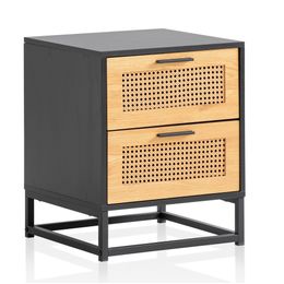 KADIMA DESIGN NACHTTISCH &ndash; Schwarz/Wiener Geflecht, 45x45x56 cm, Schubladen, zeitlos