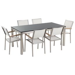 Beliani GARTENM&Ouml;BEL SET 6-Sitzer Naturstein schwarz geflammt Textilbespannung wei&szlig; Grosseto