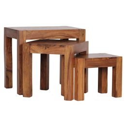 KADIMA DESIGN BEISTELLTISCH 3er Set Massivholz Platzsparend Landhausstil NAKO, Braun 50x36x45 cm