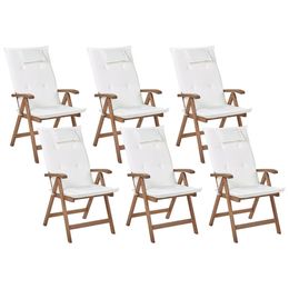 Beliani GARTENSTUHL 6er-Set Akazienholz dunkelbraun Auflagen cremewei&szlig; Amantea