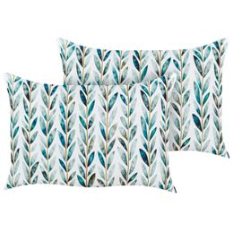 Beliani GARTENKISSEN 2er-Set Blattmotiv wei&szlig;/gr&uuml;n 40/60 cm Loano