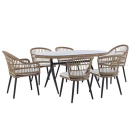 Beliani GARTENM&Ouml;BEL SET 6-Sitzer Rattan nat&uuml;rlich Auflagen beige Aliano II