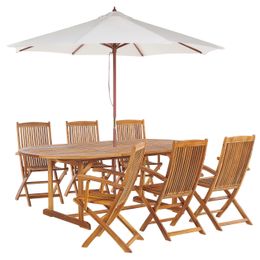Beliani GARTENM&Ouml;BEL SET 6-Sitzer mit Sonnenschirm Akazienholz hellbraun Maui