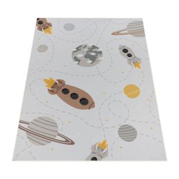 KADIMA DESIGN KINDERTEPPICH Waschbar, mit Raketen-Motiv, Creme, 160 x 220 cm