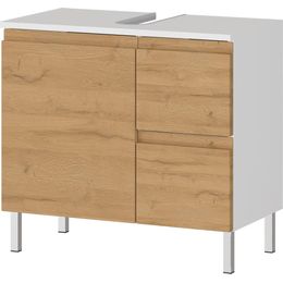 KADIMA DESIGN WASCHBECKENUNTERSCHRANK Wei&szlig; und Eiche Grandson 60x34x56 cm mit Chromf&uuml;&szlig;en VEER