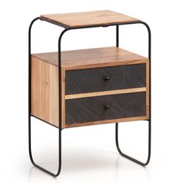 KADIMA DESIGN NACHTTISCH Massivholz Steinoptik 2 Schubladen Ablage Metallgestell, Akazie 40x30x60 cm