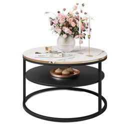 COREIL MARMUR runder Couchtisch mit Ablage Schwarz / Carrara Marmor
