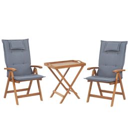 Beliani BALKONSET 2-Sitzer Akazienholz hellbraun verstellbar Auflagen blau Java