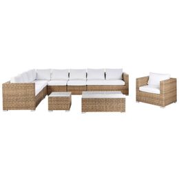 Beliani LOUNGE-SET 8-Sitzer hellbraun linksseitig modular Auflagen cremewei&szlig; XXL