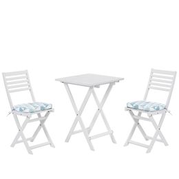 Beliani BALKONSET 2-Sitzer Akazienholz wei&szlig; Auflagen Dreiecke blau / wei&szlig; Fiji
