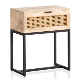 KADIMA DESIGN NACHTTISCH &ndash; Mango Massivholz/Rattan, 50x60x30 cm, 1 Schublade, Wiener Geflecht