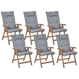 Beliani GARTENSTUHL 6er-Set Akazienholz dunkelbraun Auflagen grau Amantea