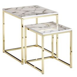 KADIMA DESIGN BEISTELLTISCH 2er Set Marmoroptik Metall Robust, Wei&szlig; 45x45x50 cm