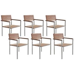 Beliani GARTENSTUHL 6er-Set Edelstahl / Teakholz hellbraun Viareggio