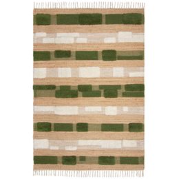 KADIMA DESIGN JUTETEPPICH handgewebt mit Fransen WHARFE, im Patchwork-Stil, Natur-Gr&uuml;n, 120 x 170 cm