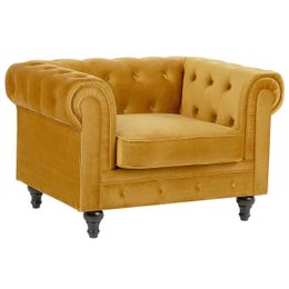 Beliani SESSEL Samtstoff senfgelb Rautenmuster Chesterfield