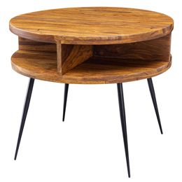 KADIMA DESIGN COUCHTISCH aus Sheesham Massivholz, Rund mit 4 Ablagef&auml;chern, Gestell aus Schwarzem Metall