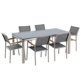 Beliani GARTENM&Ouml;BEL SET 6-Sitzer Glasplatte schwarz Textilbespannung grau Grosseto